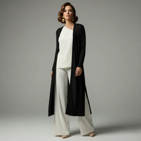 Cardigan Longo (1,26cm) Preto Elegante com Fendas Laterais Manga Longa ...